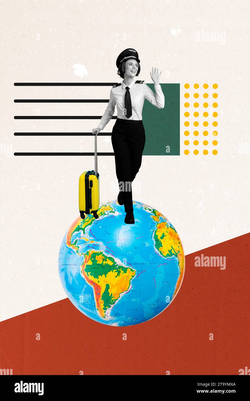 Collage illustration of positive woman flying airport bring suitcase ...