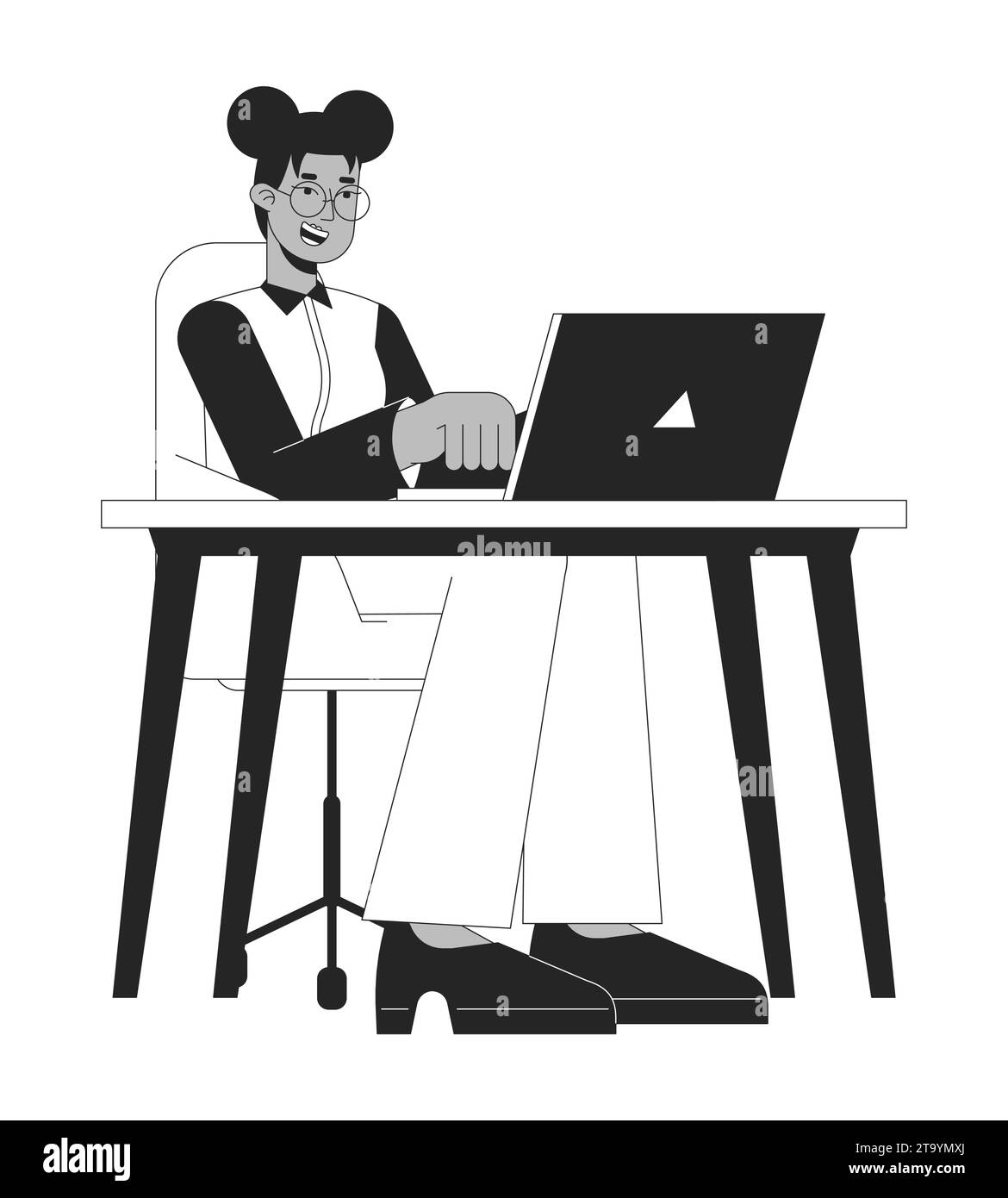 Engaged office worker female black and white 2D line cartoon character ...
