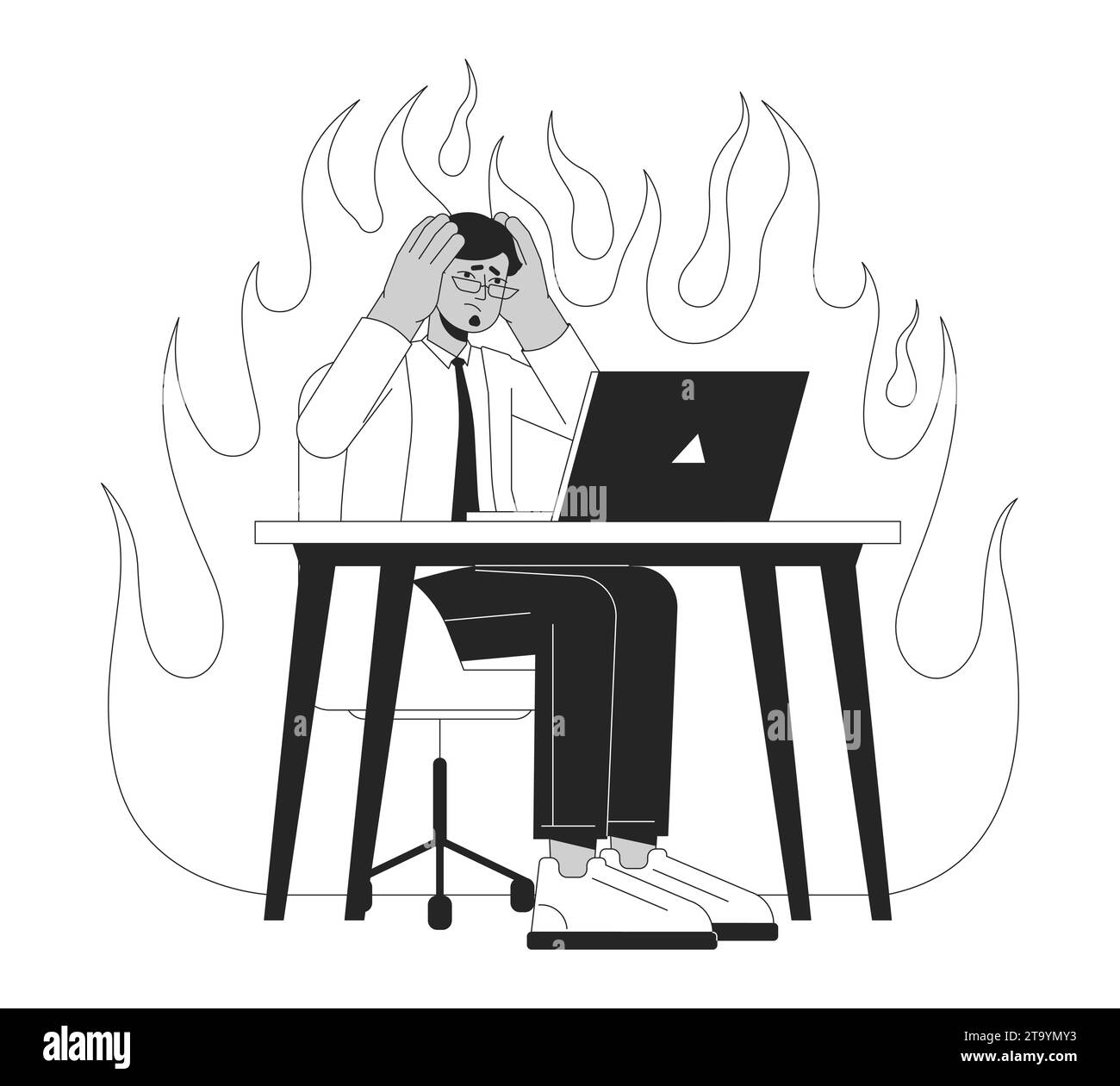 Migraine overwhelmed indian eyeglasses man black and white 2D line ...