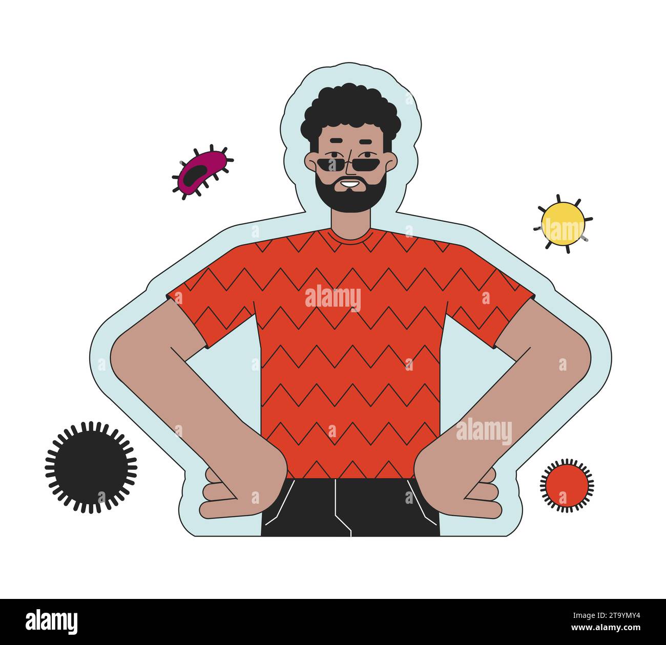 Black bearded man protected from infectious diseases 2D linear cartoon ...