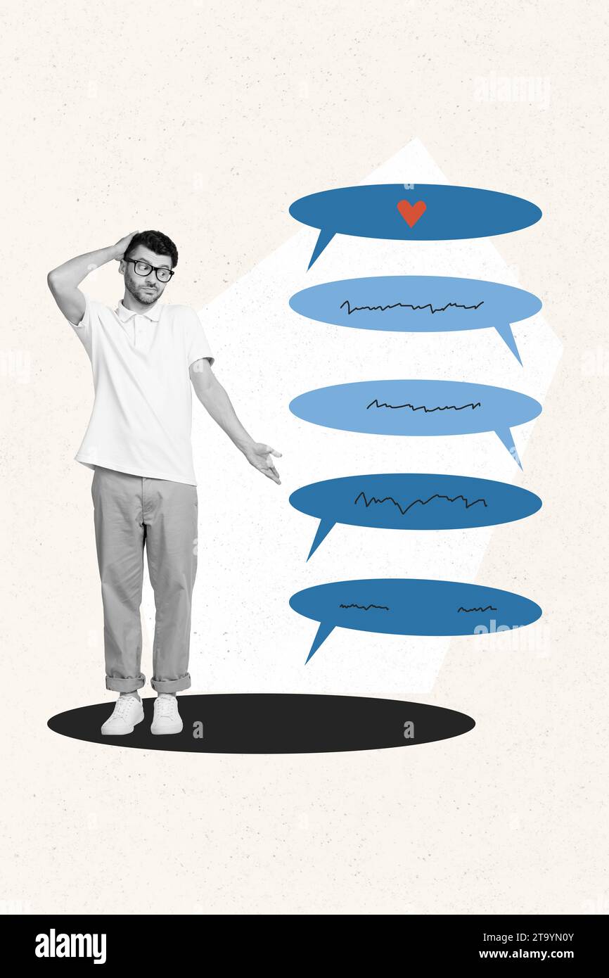 Collage of funny guy hand head confused feel guilty watching where he ...