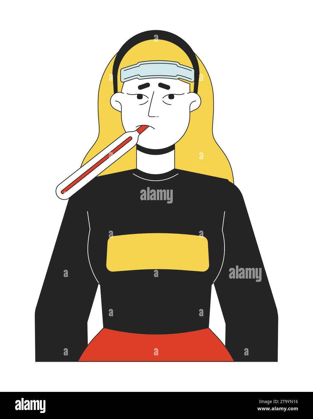 Caucasian sick woman with thermometer in mouth 2D linear cartoon ...