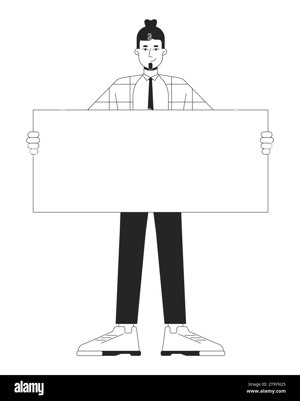 Caucasian office man standing with placard black and white 2D line cartoon character Stock ...