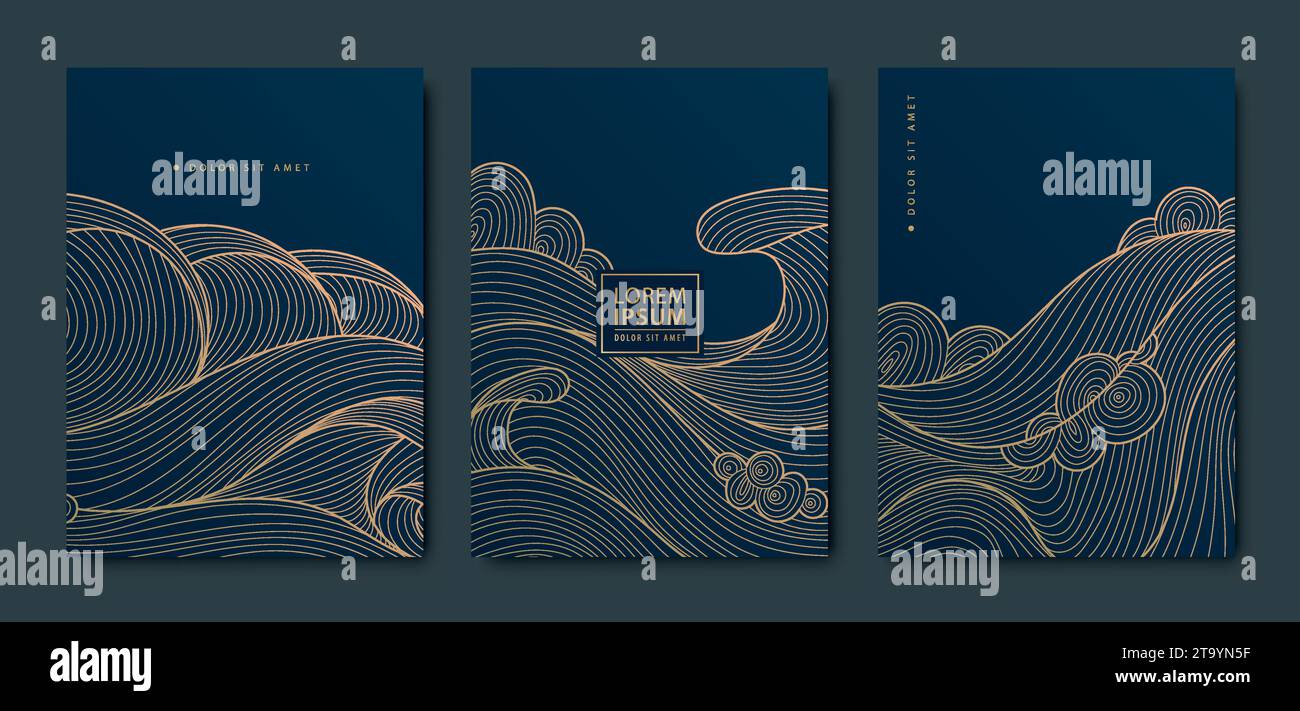 Vector set of luxury japanese pattern textures, wavy line design covers ...