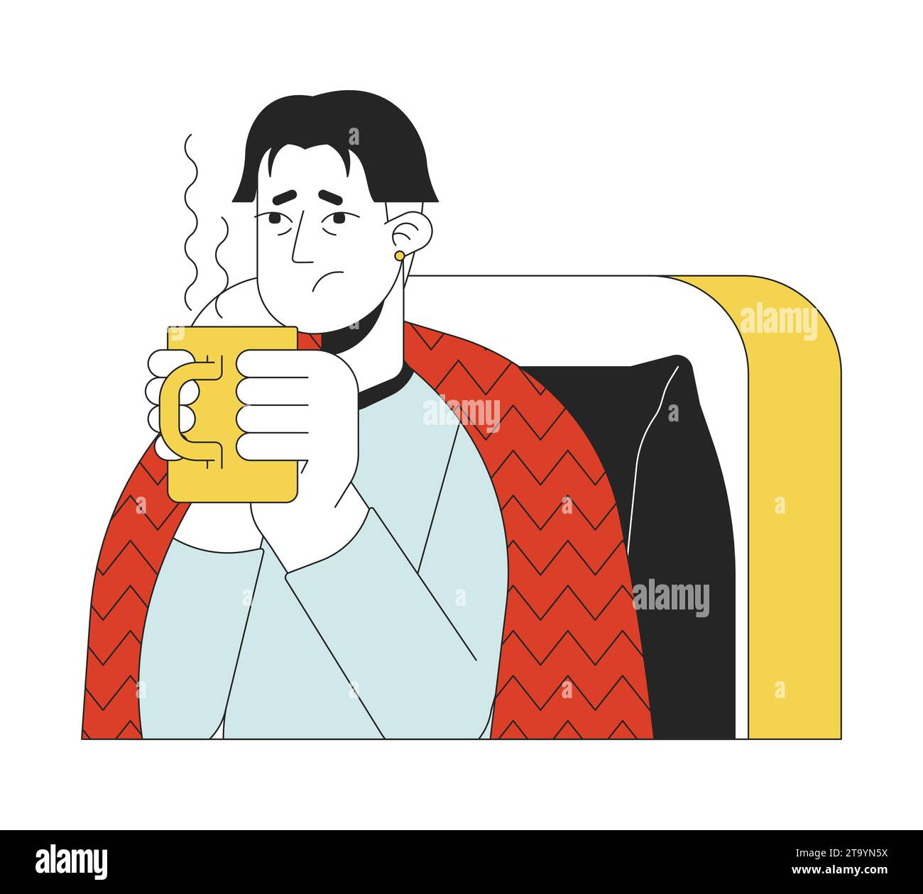 Exhausted flu asian man holding hot drink 2D linear cartoon character ...