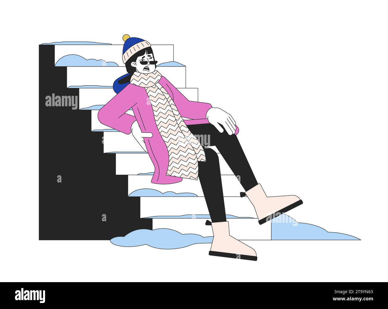 Winter fall hazard on stairs line cartoon flat illustration Stock ...