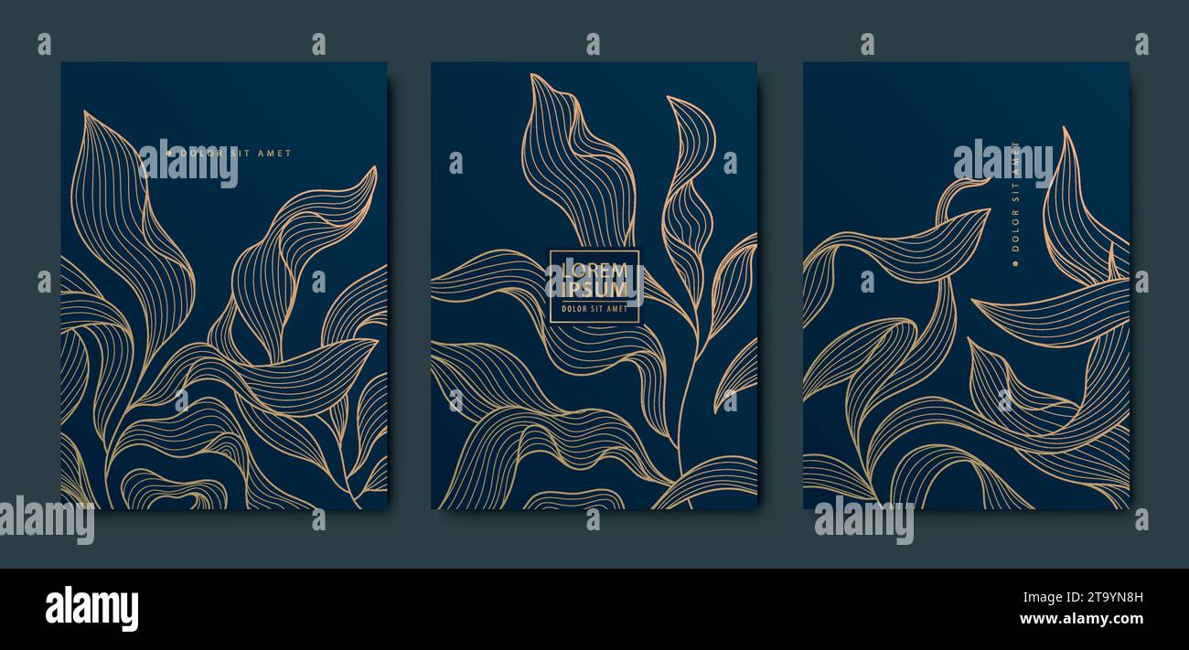 Vector art deco, luxury golden floral covers. Line japanese style ...