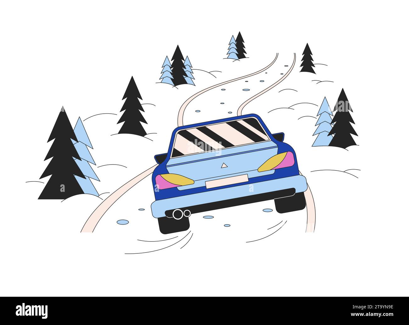 Drive in snow blizzard forest line cartoon flat illustration Stock ...