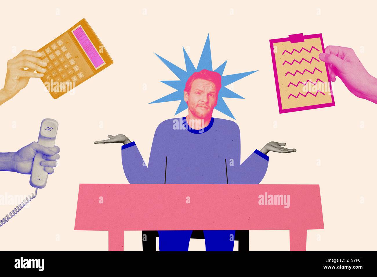 Image collage artwork of puzzled uncertain man sitting table shrugging ...