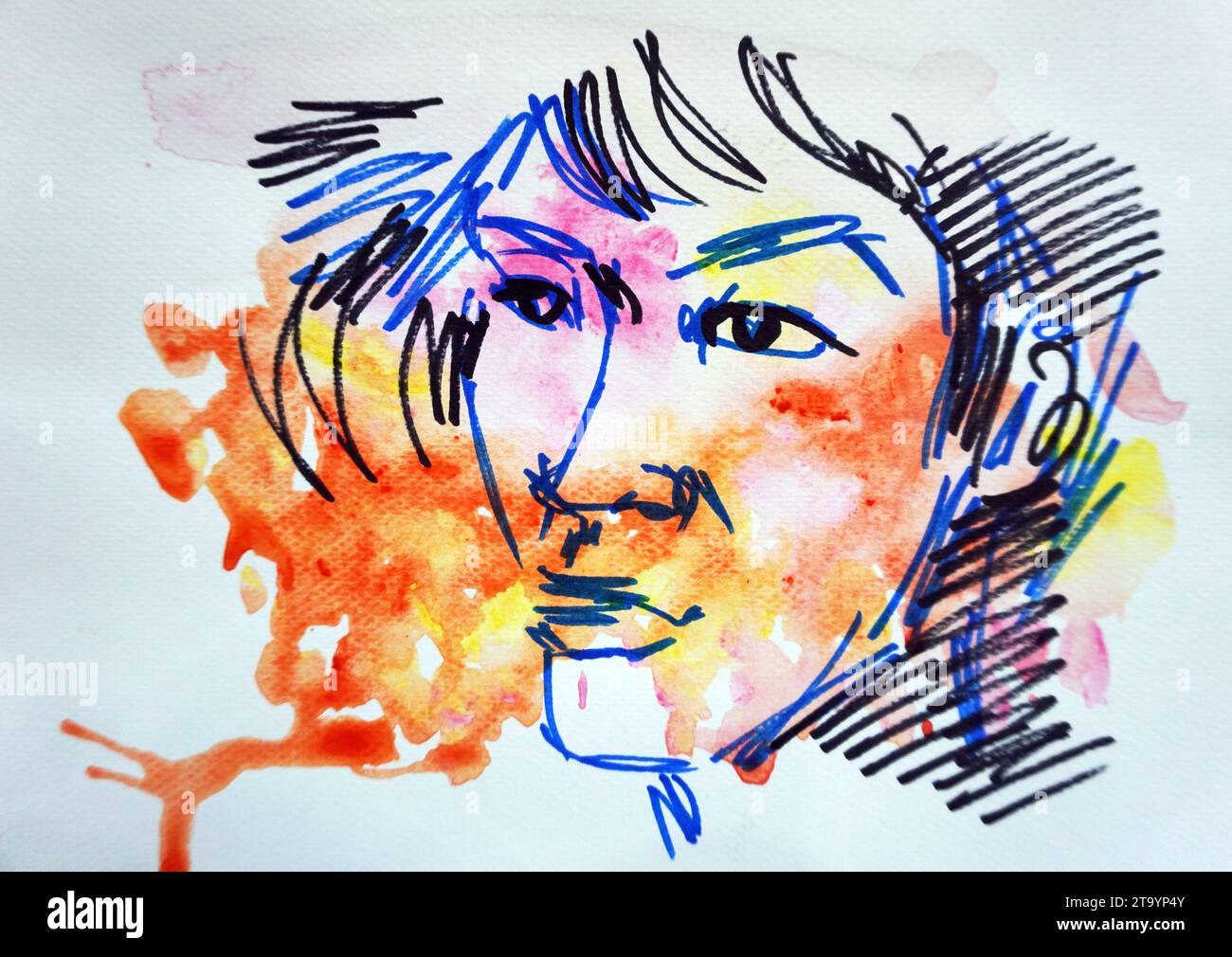 art copic marker man face drawing sketch on watercolor background Stock ...