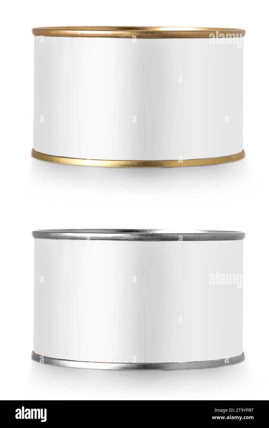 The metal tin cans with white label isolated on white background with ...
