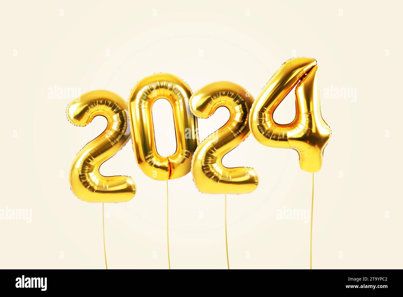 Happy new year 2024 metallic gold foil balloons flying on a beige ...