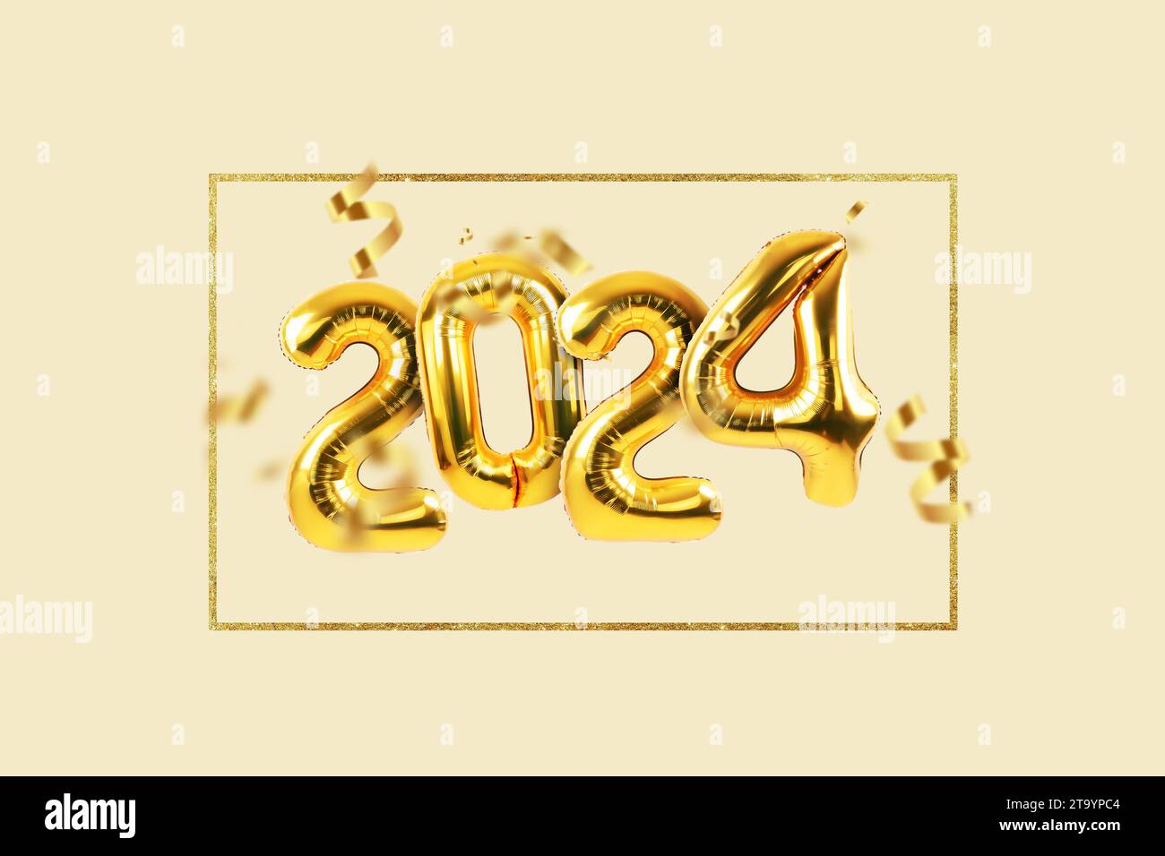 Happy new year 2024 metallic gold foil balloons with confetti and bokeh lights on a white ...