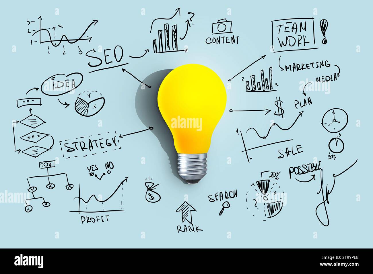 Creative yellow light bulb with strategy plan and inscriptions on a ...