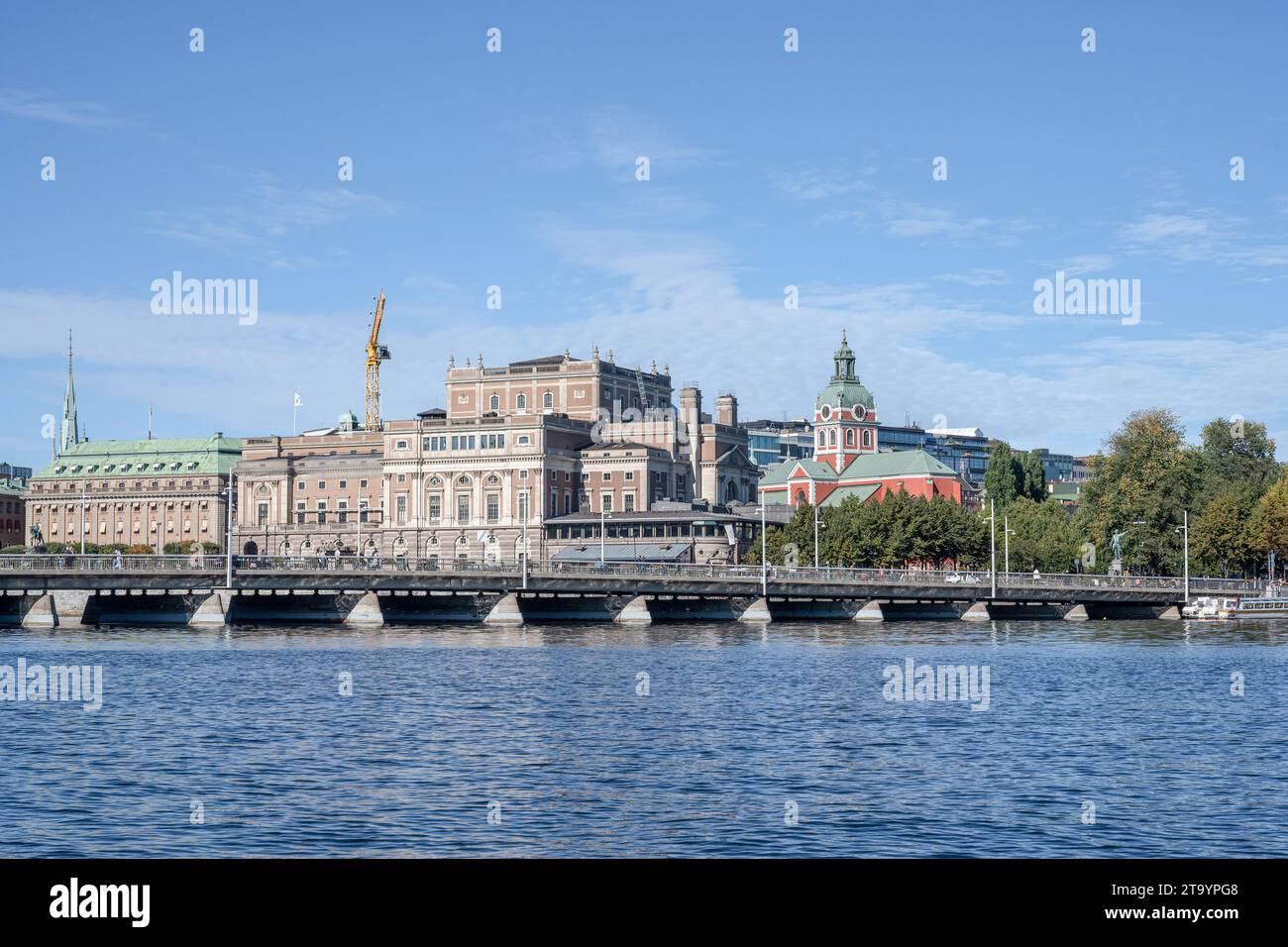 Scenic summer panorama of the Old Town Gamla Stan pier architecture in ...