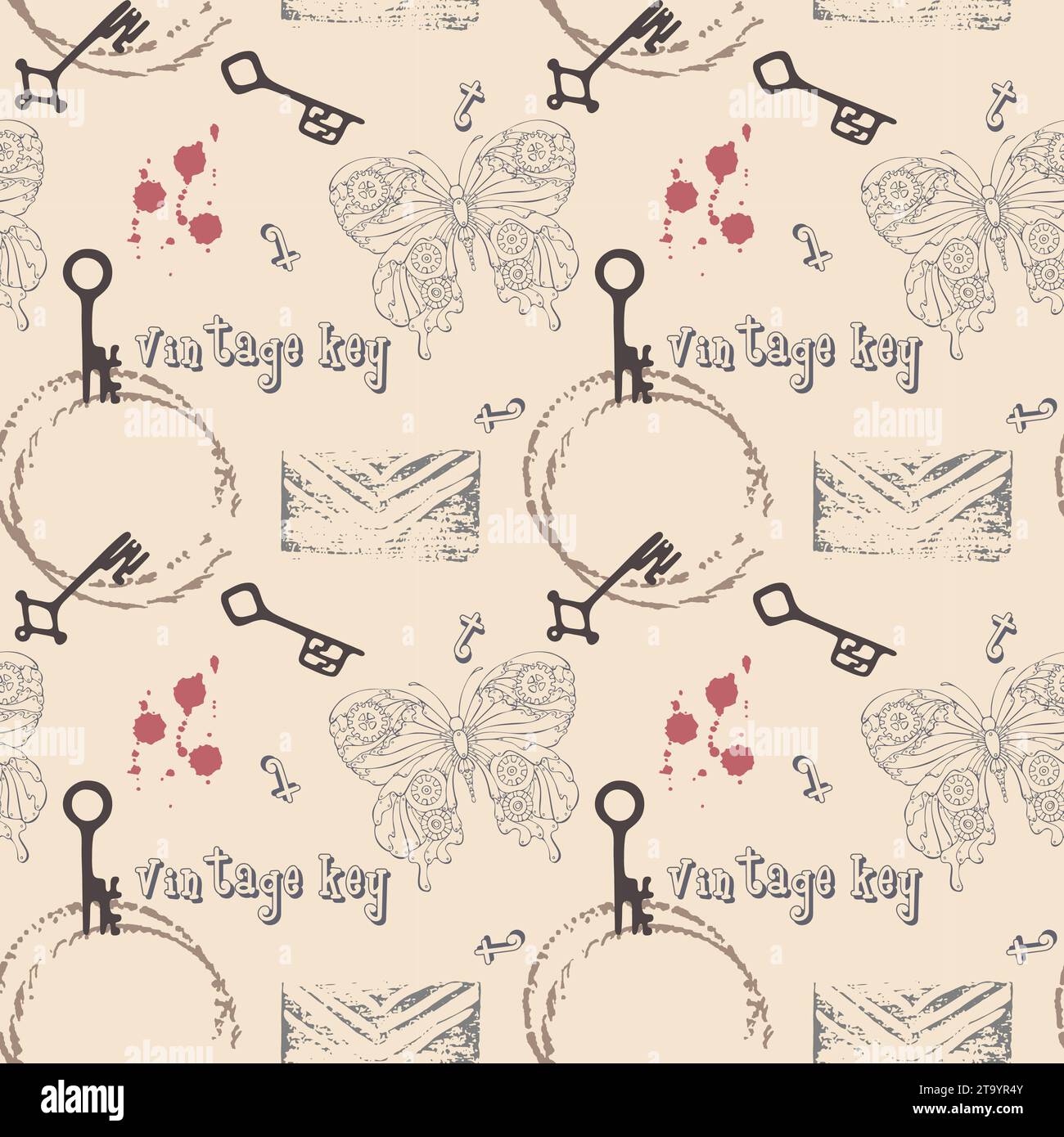 Vintage key pattern with wine stains, old keys, stamp imprints ...