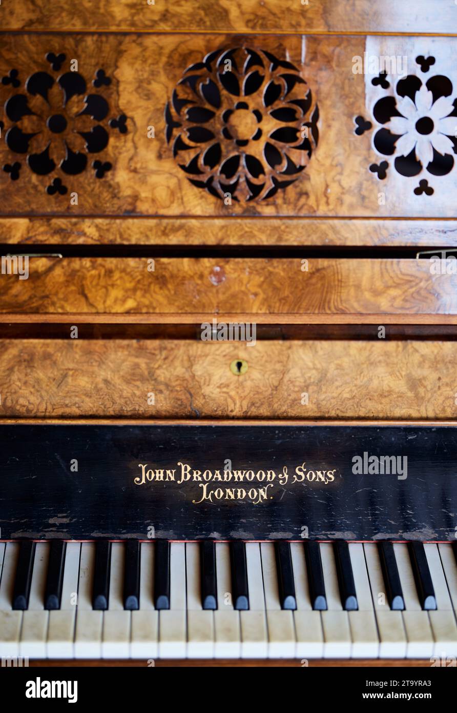 A vertical shot of details on an antique John Broadwood and Sons piano ...