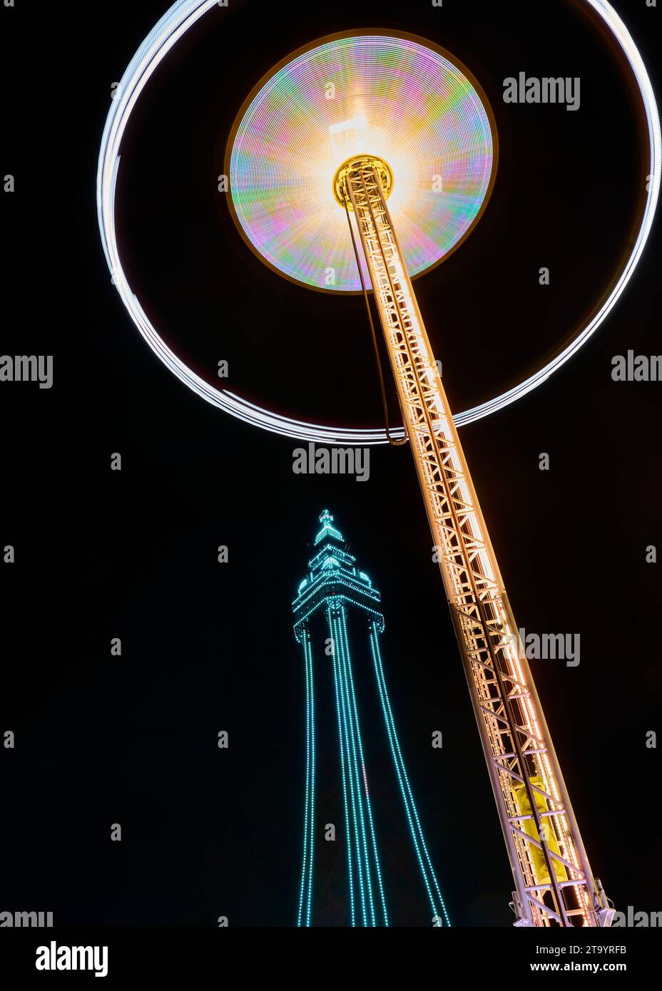 Sky rider 60 metre high roundabout and Blackpool Tower during the ...