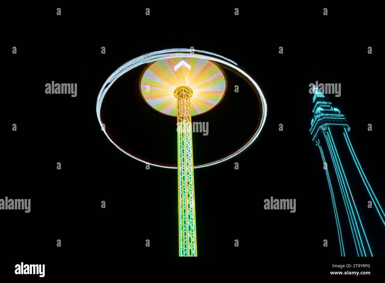 Sky rider 60 metre high roundabout and Blackpool Tower during the ...