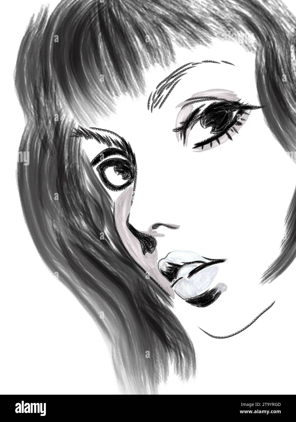 Digital sketch of fictional girl in dark gray tones. Digital ...