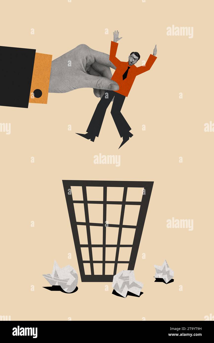 Creative magazine collage image of arms throwing trash bin small little ...