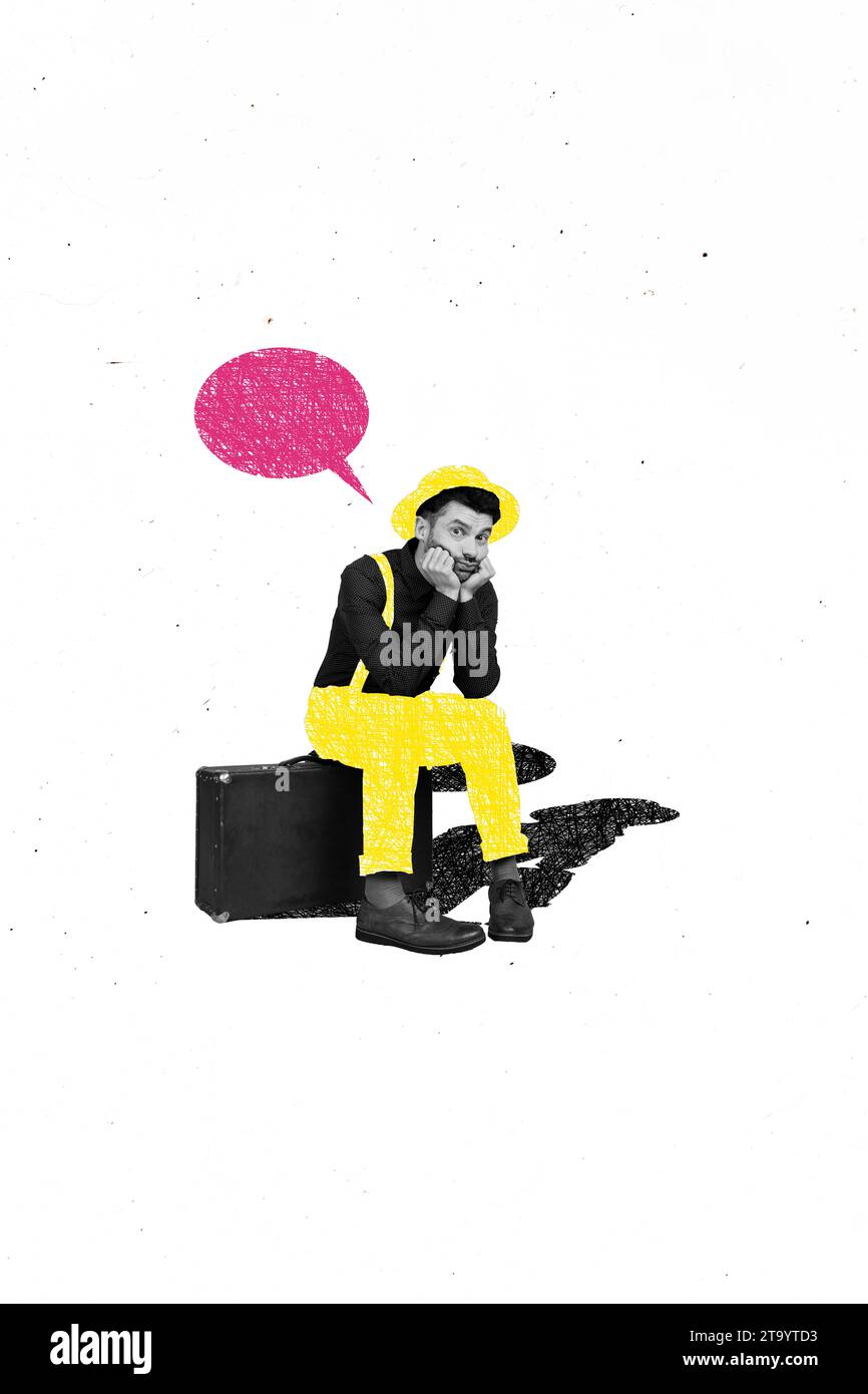 Vertical template collage dissatisfied young man in yellow suit sit on ...