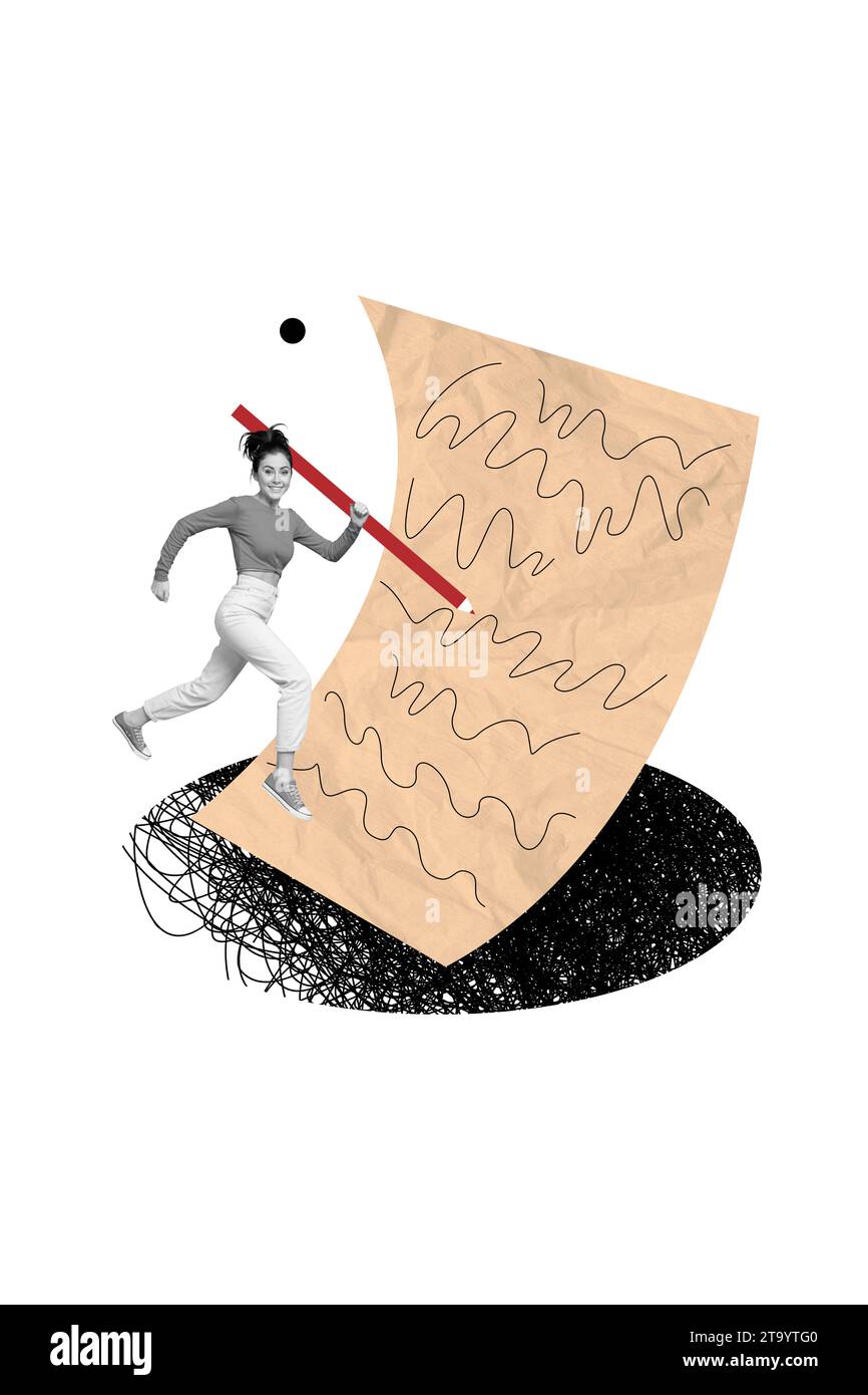 Vertical creative collage image of positive young girl jump run pencil ...