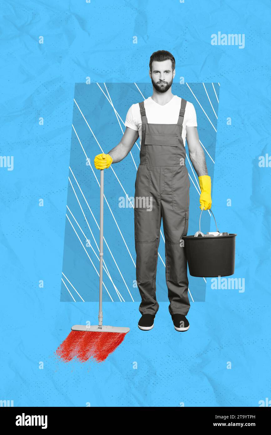 Vertical collage image of black white effect cleaning guy hold mop ...