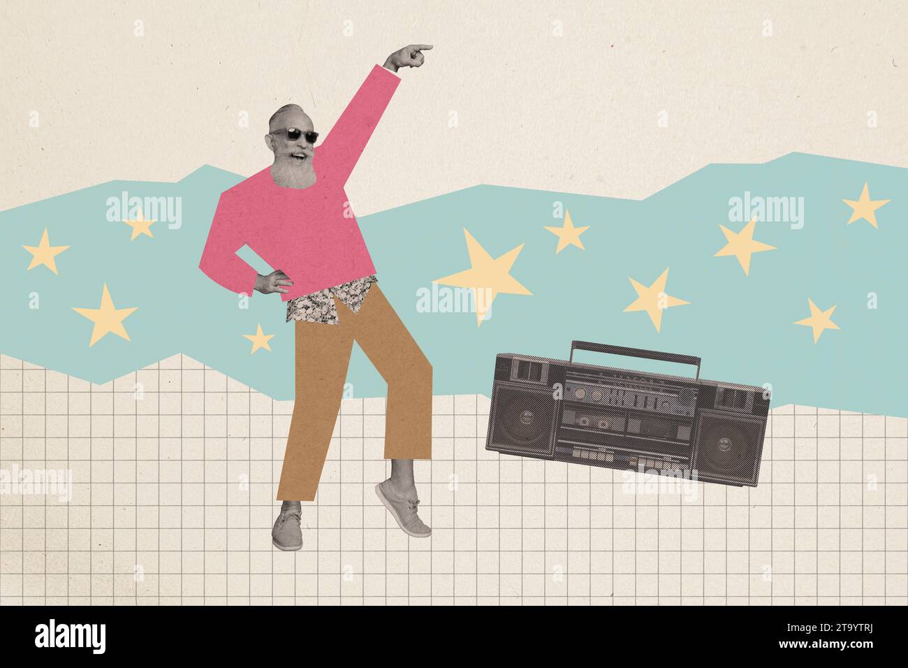 Collage artwork graphics of carefree cool senior guy enjoying boom box ...