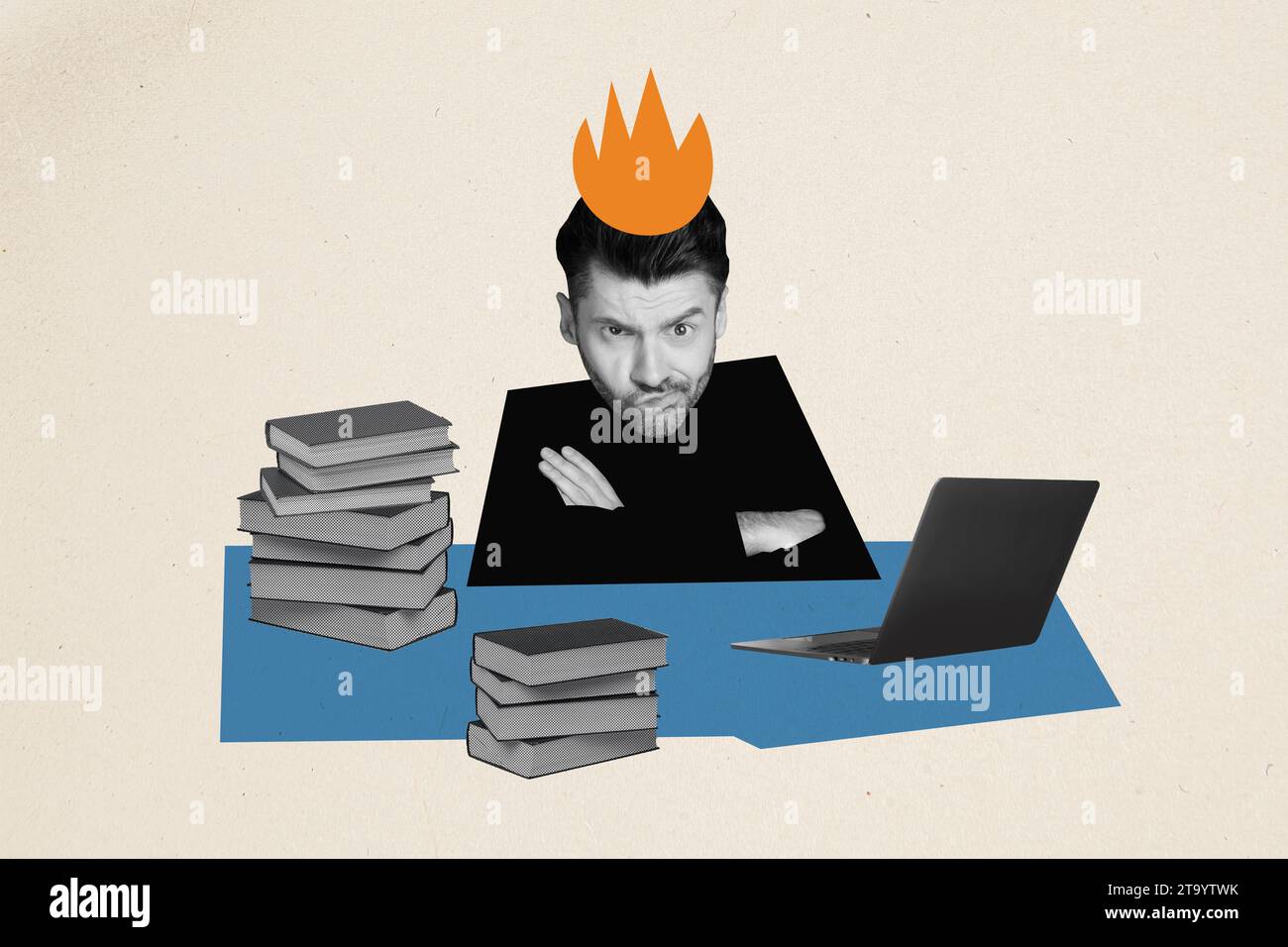 Artwork collage picture of angry furious guy brainstorming burning mind ...