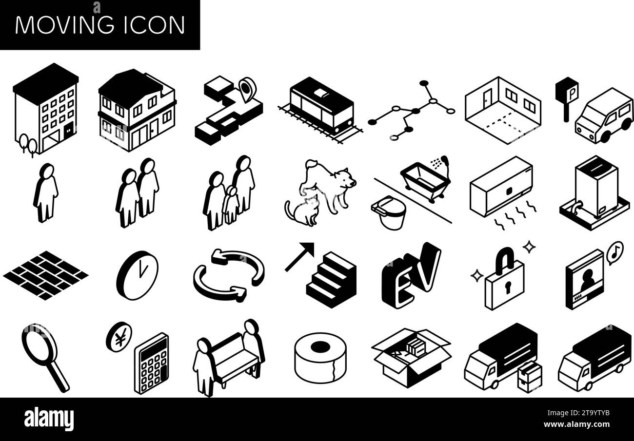 Finding a room in a rental property: moving icon set (isometric ...