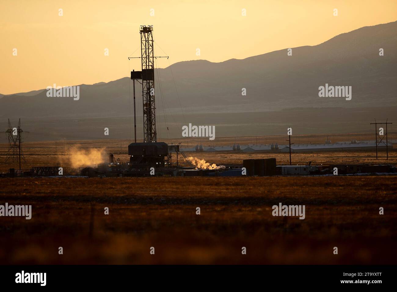 A drill rig stands at a Fervo Energy geothermal site near Milford, Utah ...