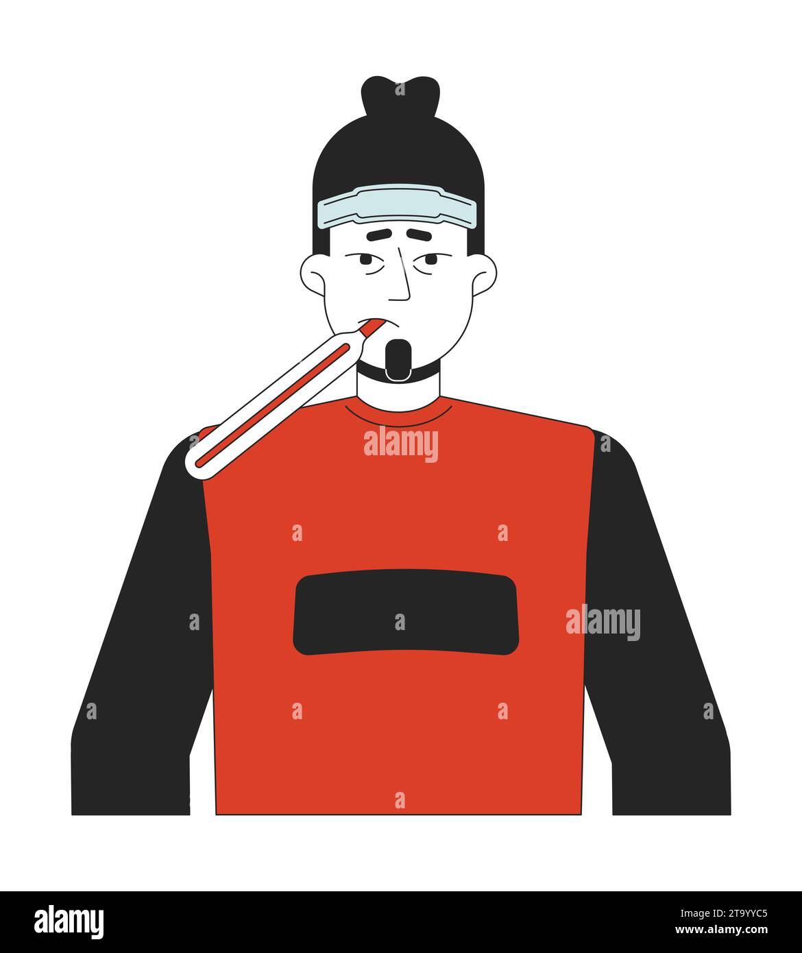 European sick man with thermometer in mouth 2D linear cartoon character ...