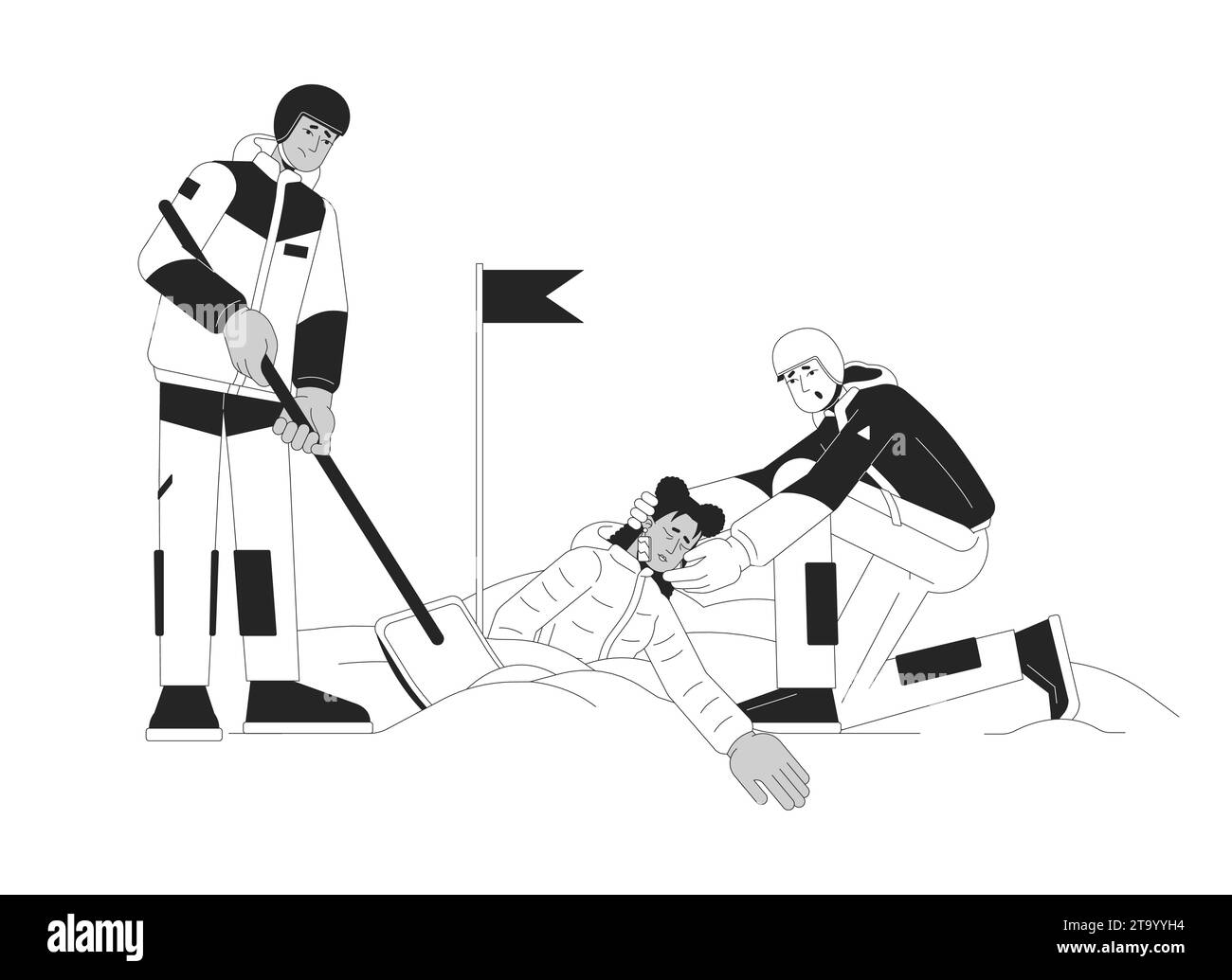 Avalanche rescue black and white cartoon flat illustration Stock Vector ...