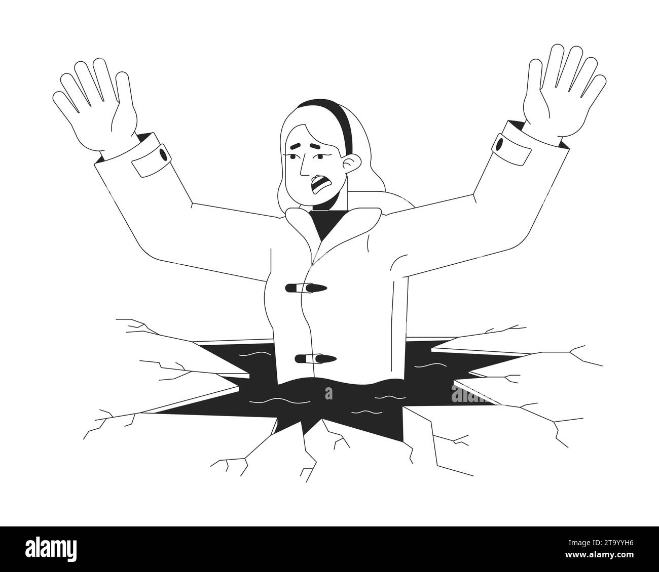 Drowning in cold water black and white cartoon flat illustration Stock ...