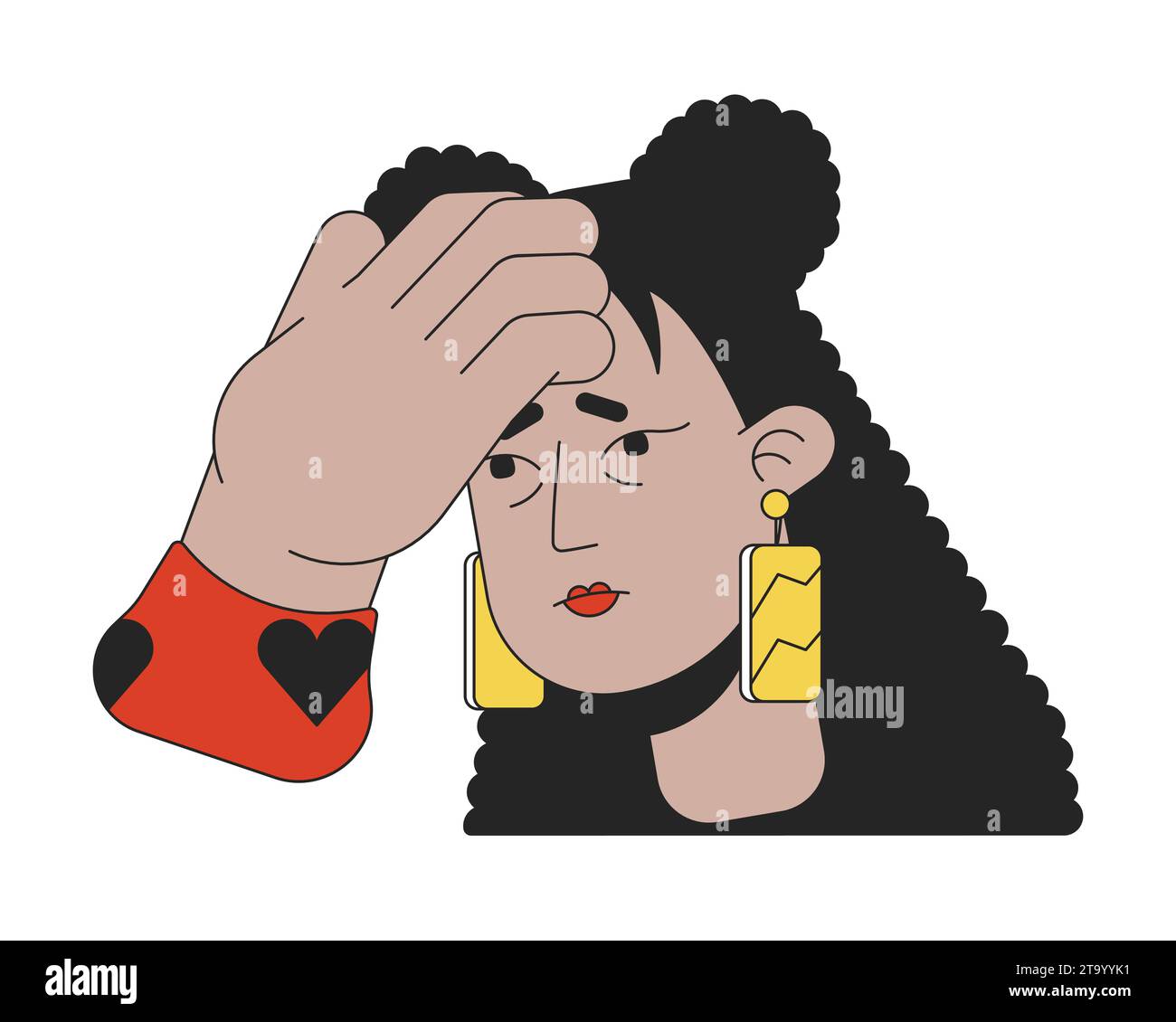 Latina woman touching forehead for fever check 2D linear cartoon ...