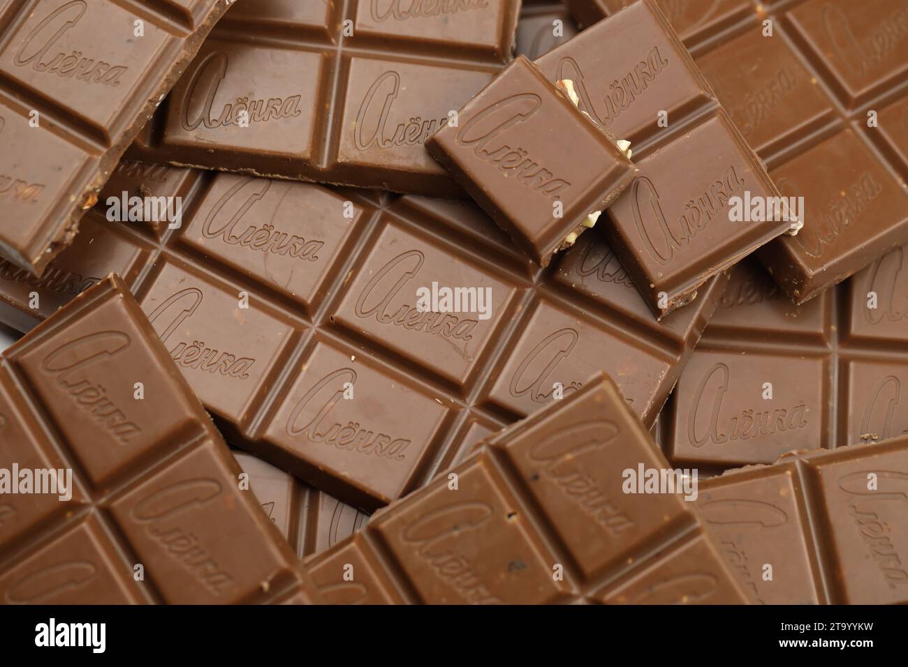 KHARKIV, UKRAINE - JANUARY 27, 2021 Alyonka chocolate square bars ...
