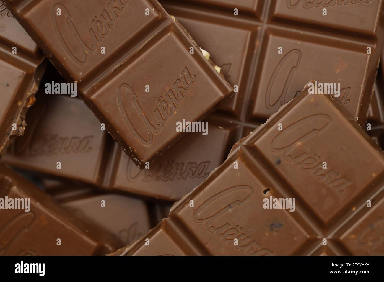 KHARKIV, UKRAINE - JANUARY 27, 2021 Alyonka chocolate square bars ...