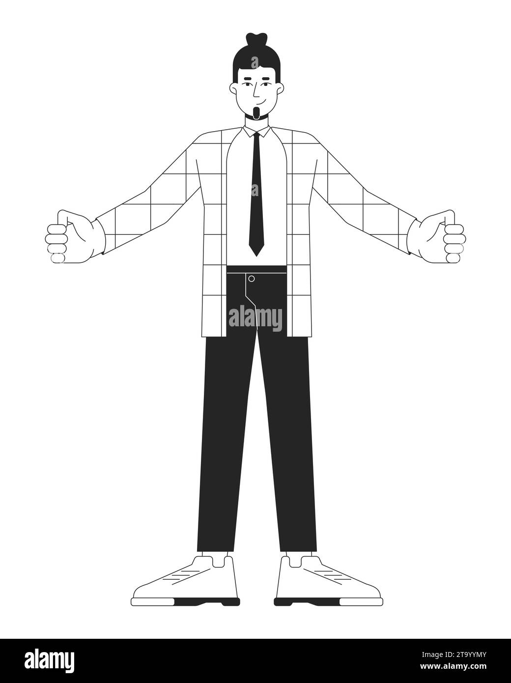 Caucasian adult employee standing with open arms black and white 2D ...