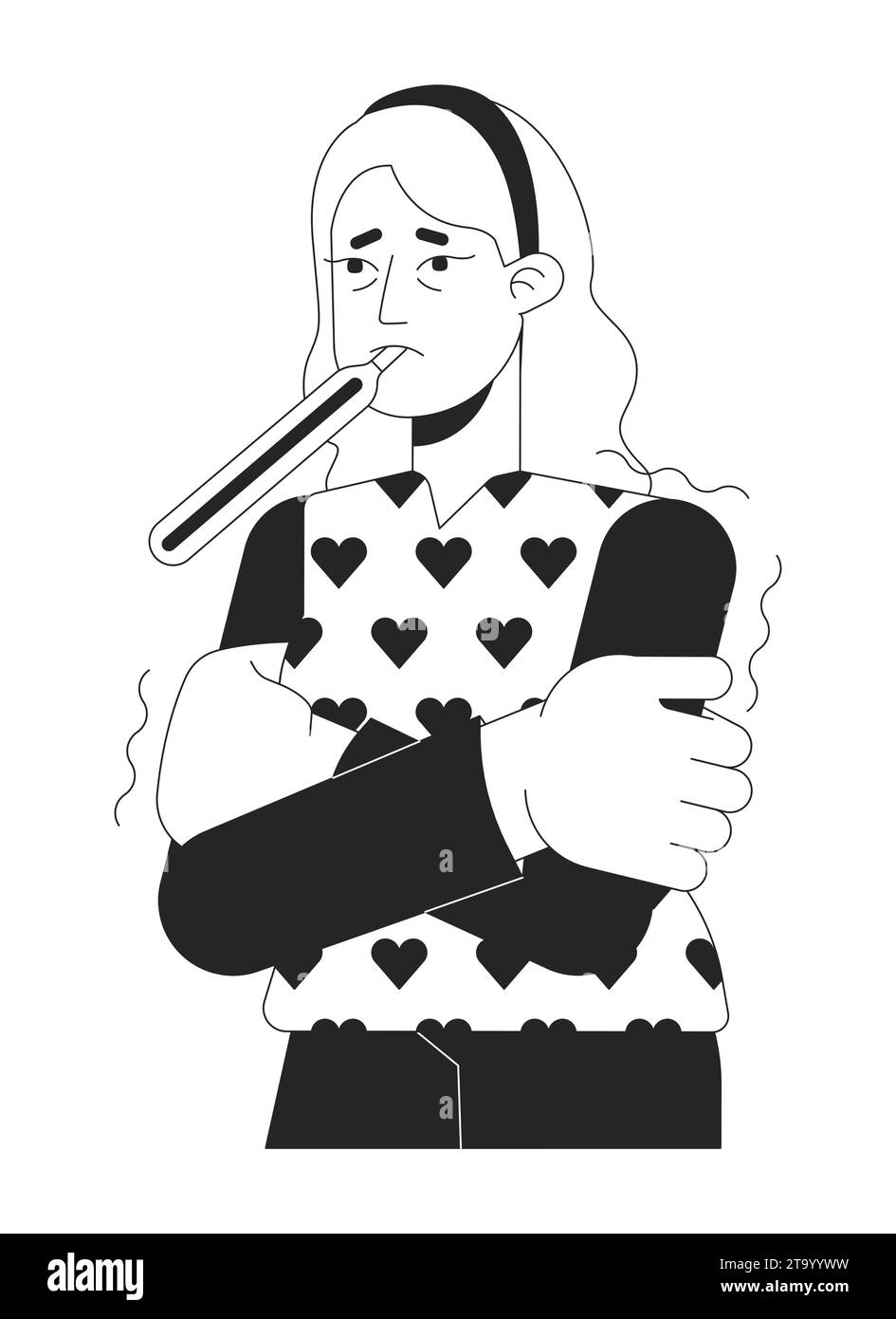 Suffering feverish caucasian woman with thermometer black and white 2D line cartoon character ...