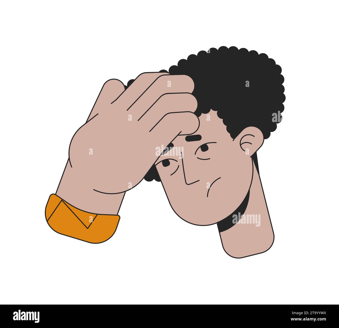 Hispanic guy touching forehead for fever feel 2D linear cartoon closeup ...