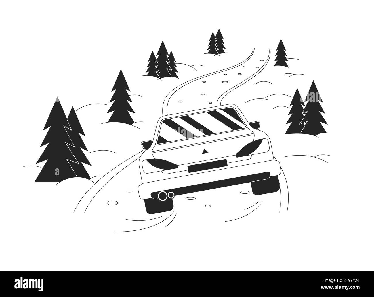 Drive in snow blizzard forest black and white cartoon flat illustration ...
