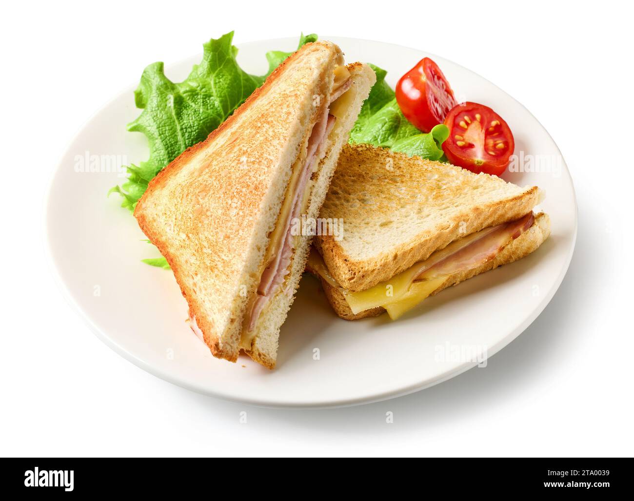 plate of ham and cheese toast and vegetables isolated on white ...