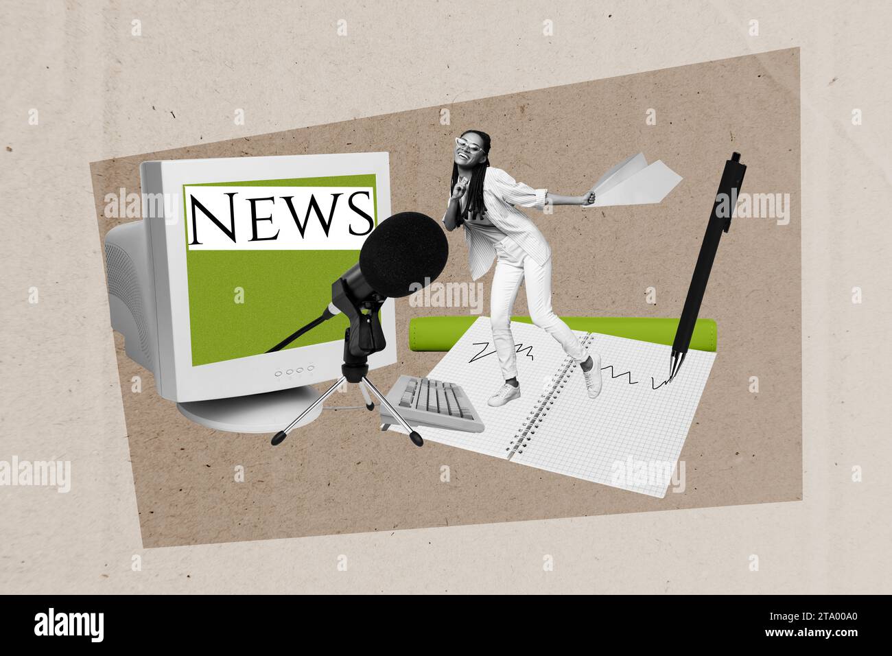 Creative drawing collage picture of funny young female journalist write ...