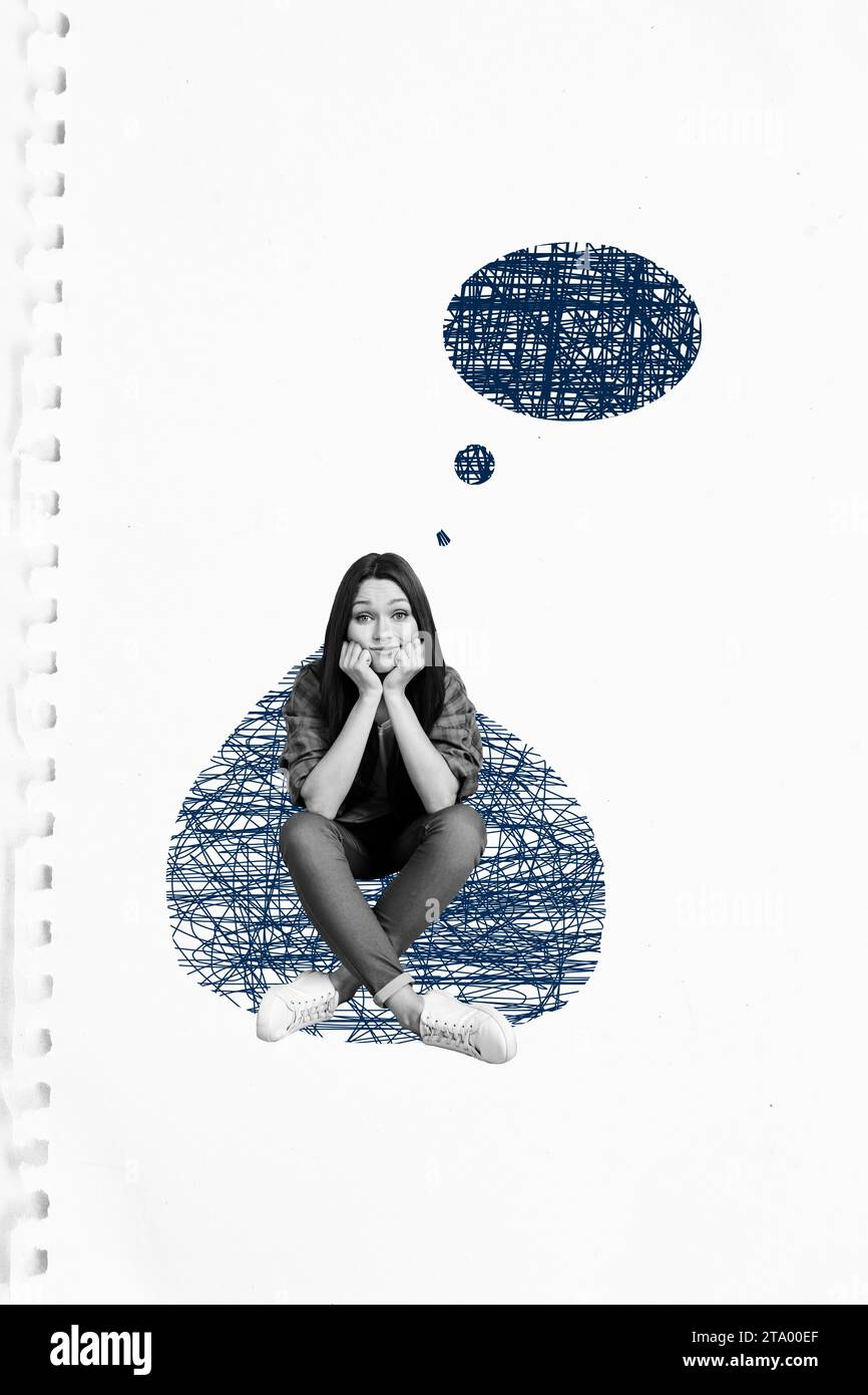 Creative poster collage of sad unhappy depressed female sit bean bag ...