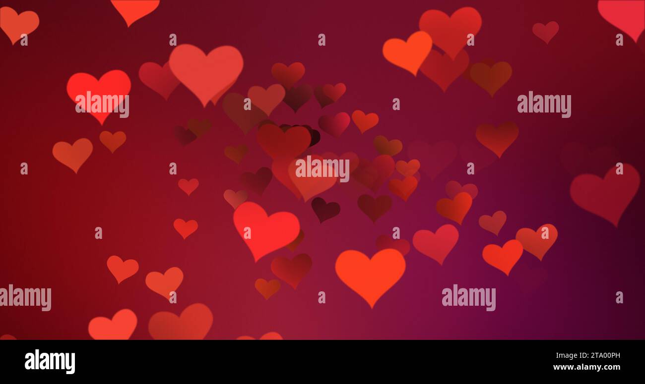 red colorful hearts flying with vortex on red purple gradient ...