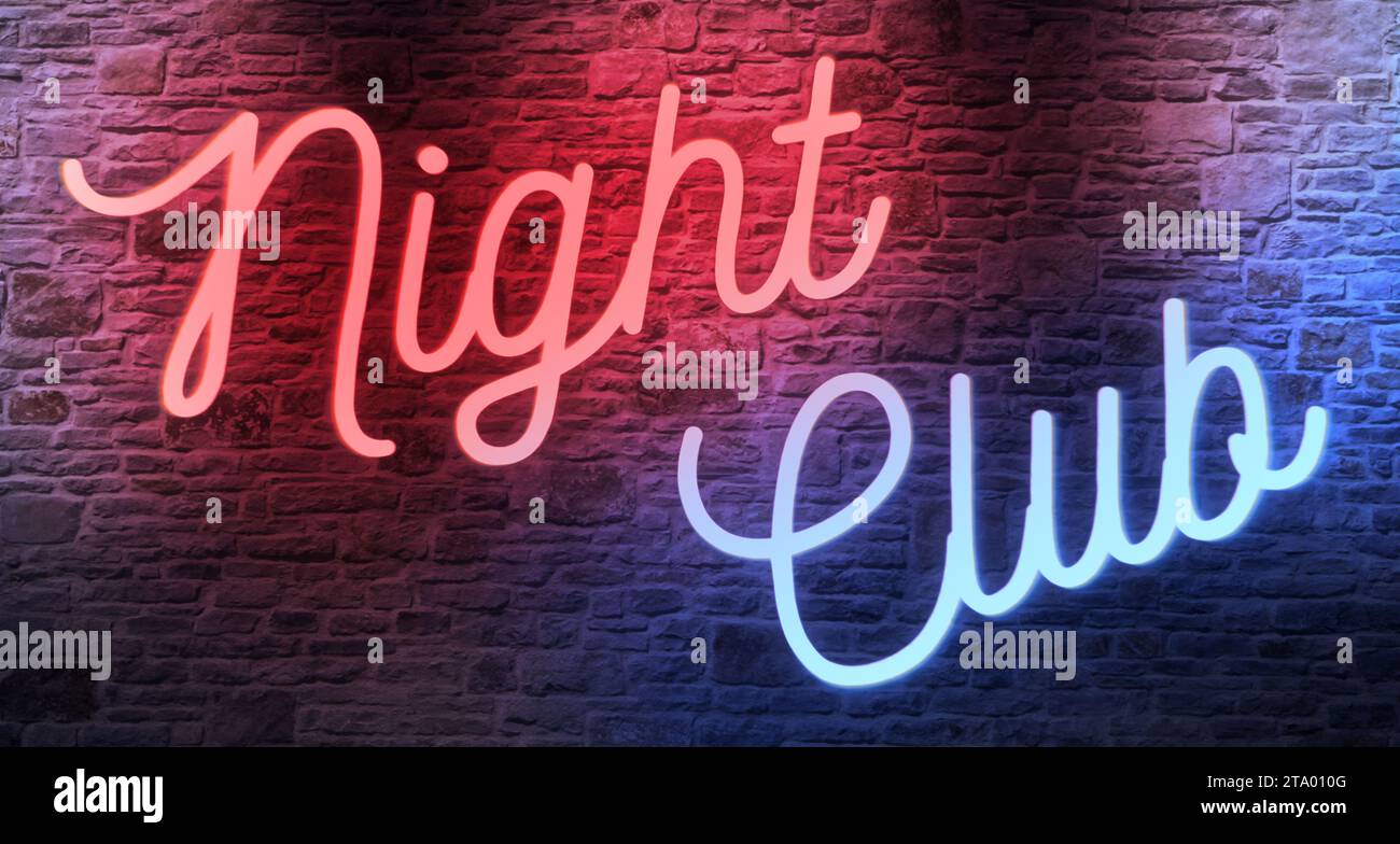 flickering blinking red and blue neon sign on brick wall background ...