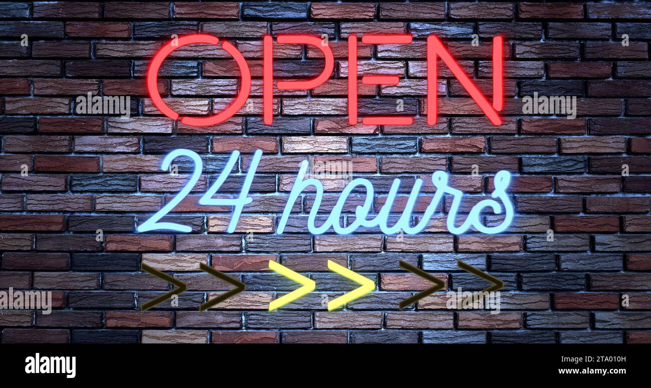 flickering blinking red and blue neon sign on brick wall background ...