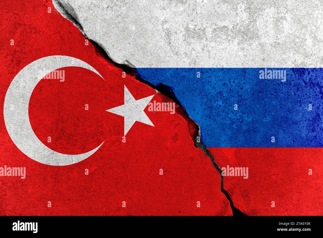 red turkey flag on broken damage wall and half russian white red blue ...