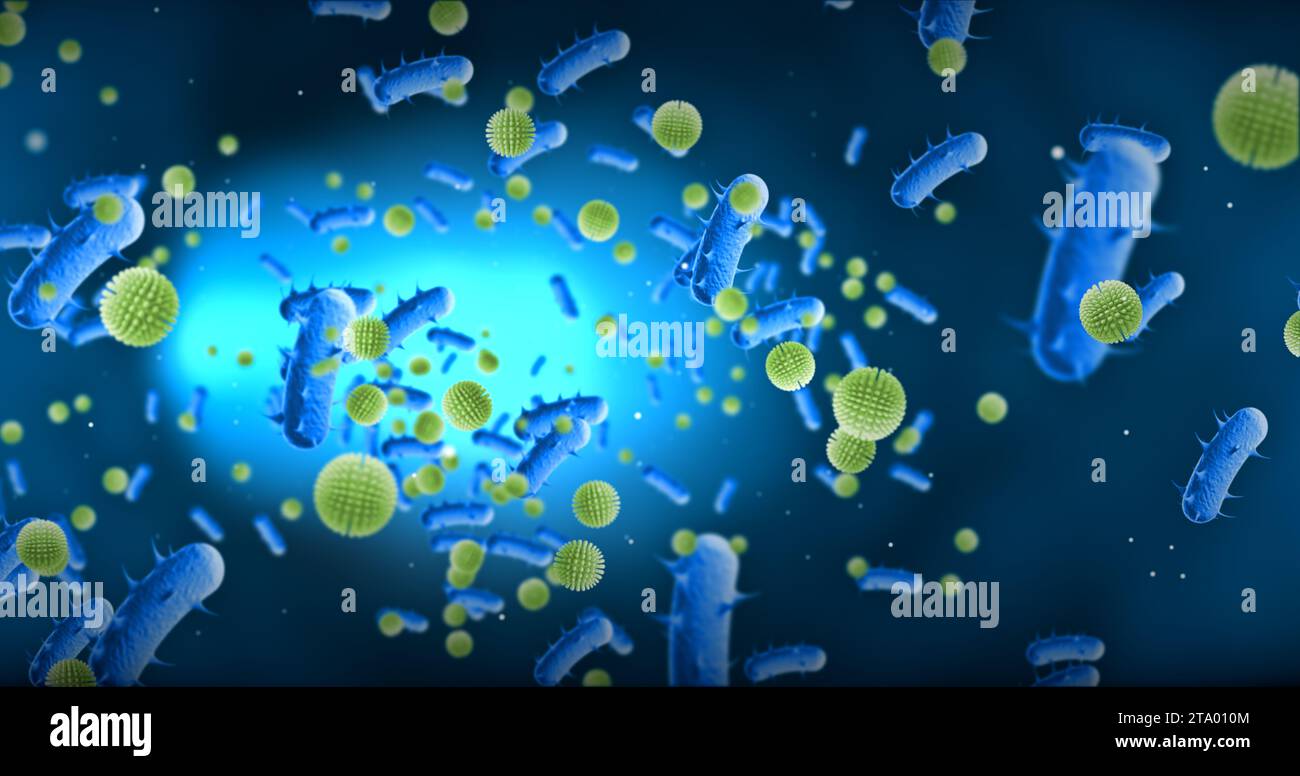 bacteria, virus, cell flowing on blue background with light on center ...